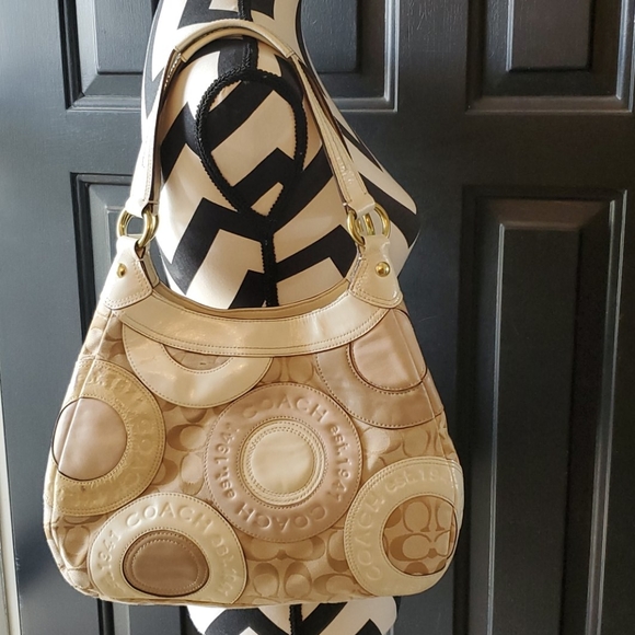 Coach | Bags | Coach Patched Circle Leather Beige Signature Bag | Poshmark